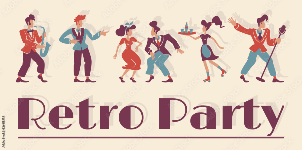 Retro party club banner flat vector template. 1950s style bar ...