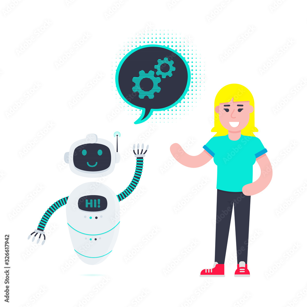 Robot chatbot head icon sign in the speech bubble talking with girl ...