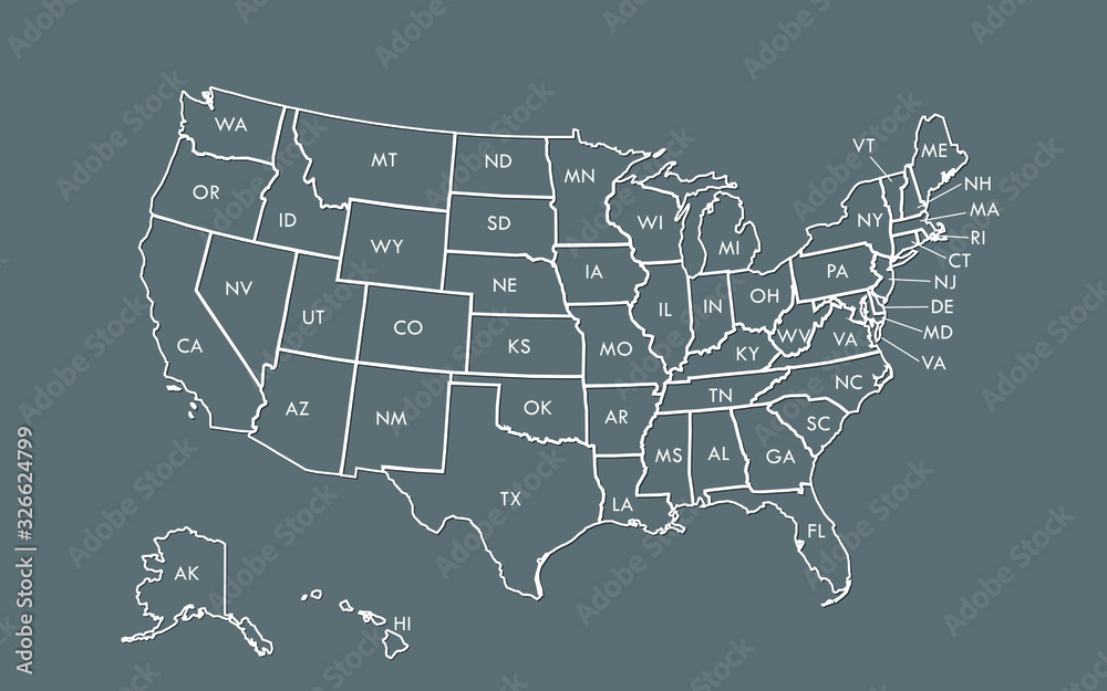 USA map outline vector with state names on black background ...