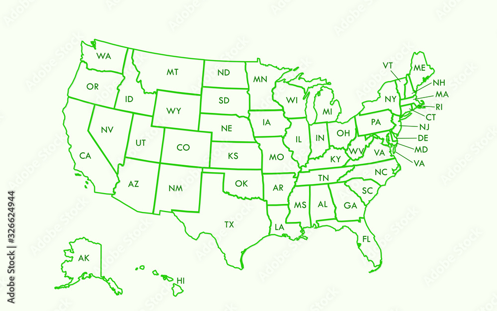 USA map outline vector with state names using green color on light ...