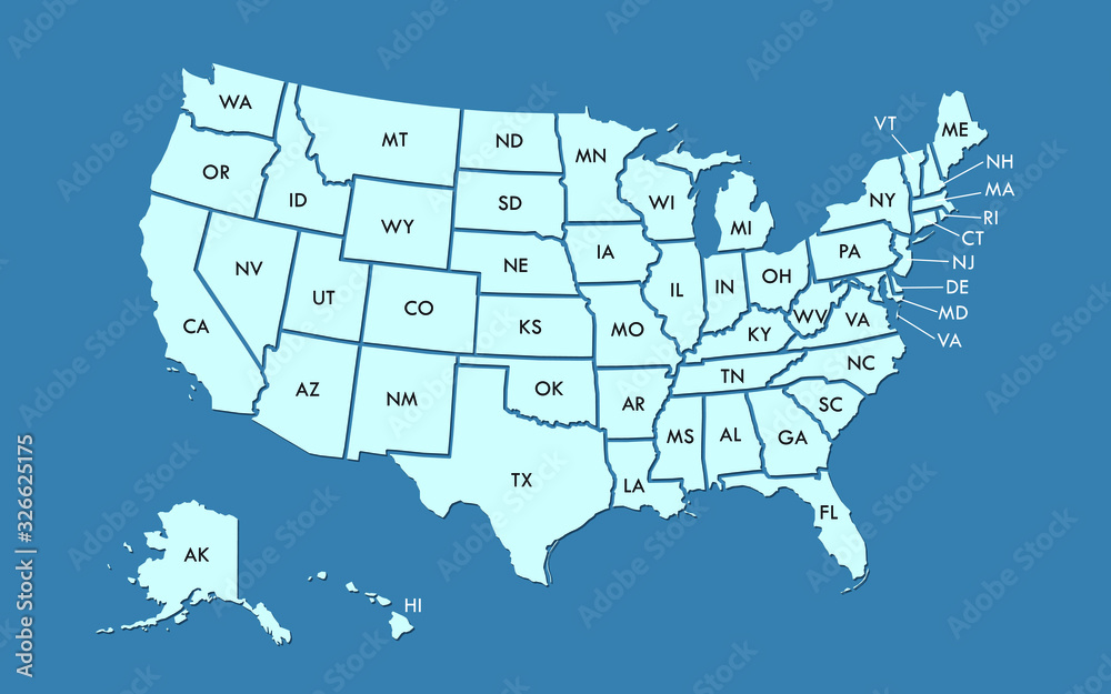 USA map land area vector with state names on blue background ...