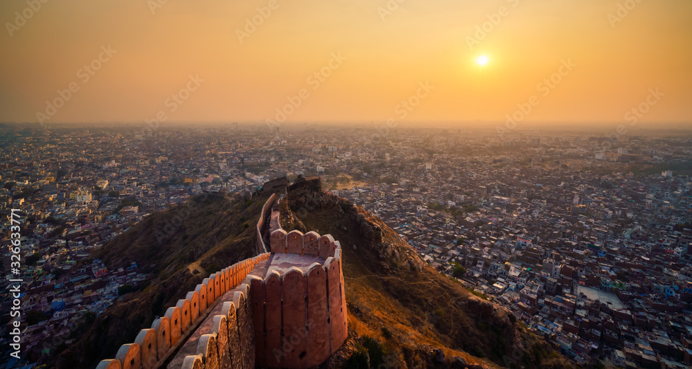 Aerial view of Nahargarh Fort at sunset, Jaipur City, Rajasthan, India ...