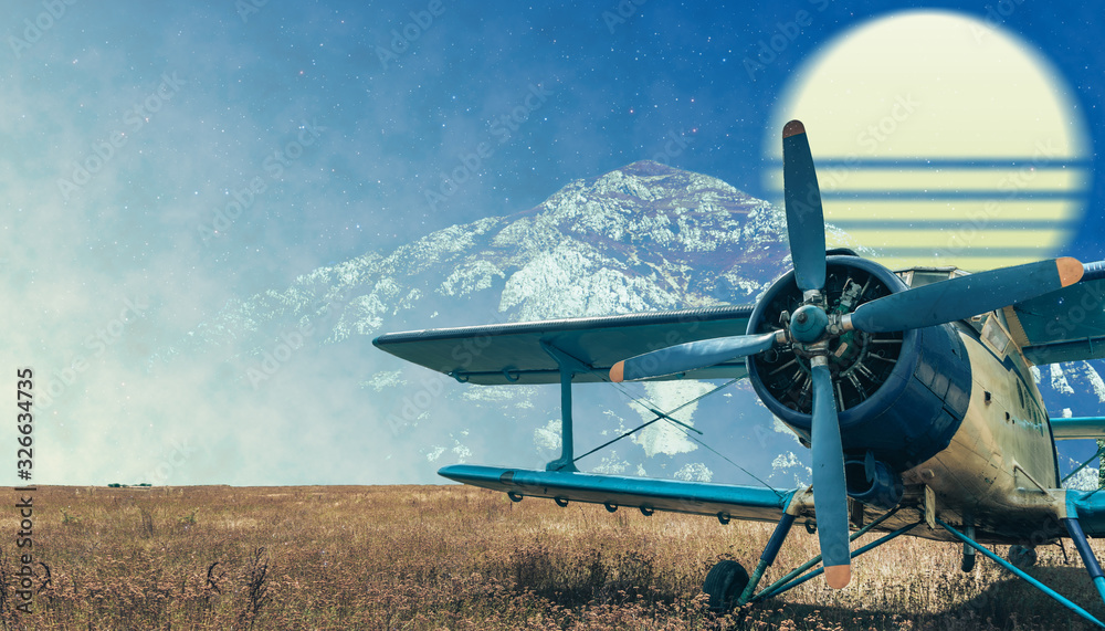 Beautiful abstract surreal blue and yellow airplane and mountain ...