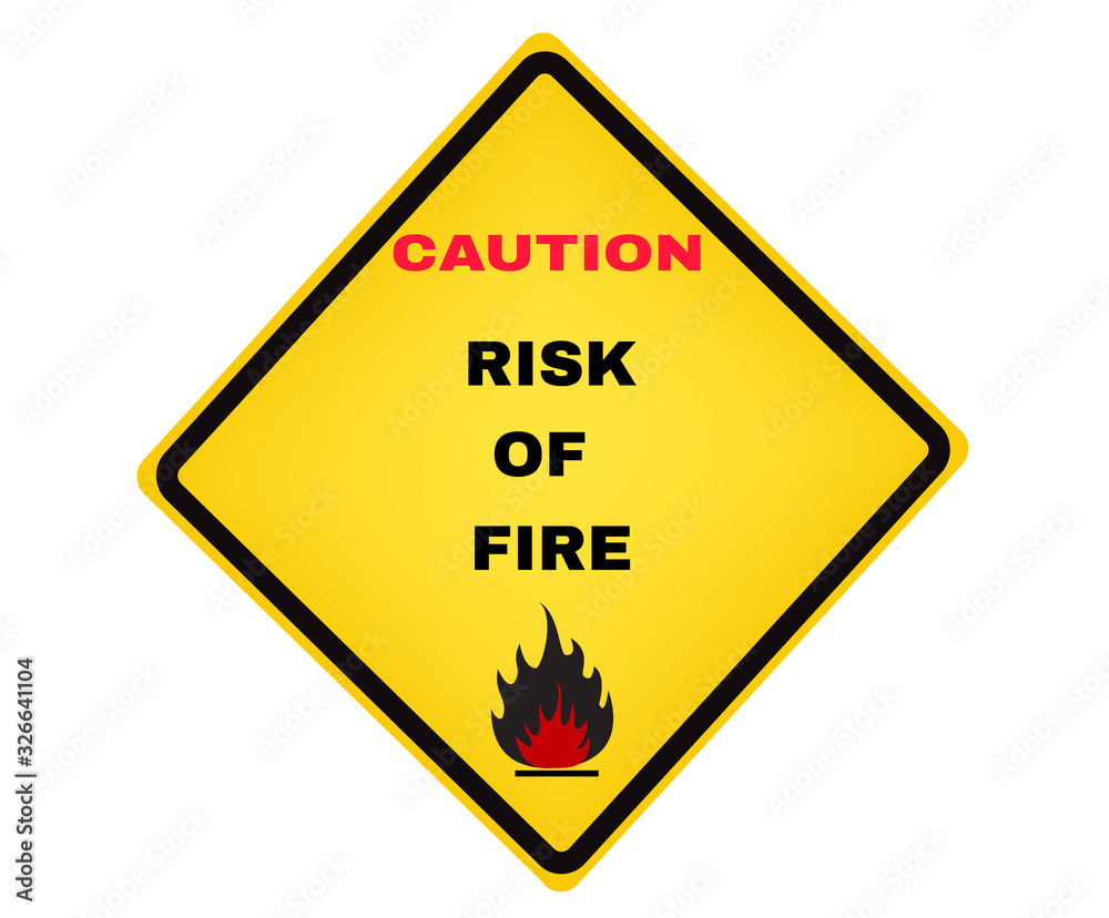 Prevention signs, Yellow caution board with message risk of fire ...
