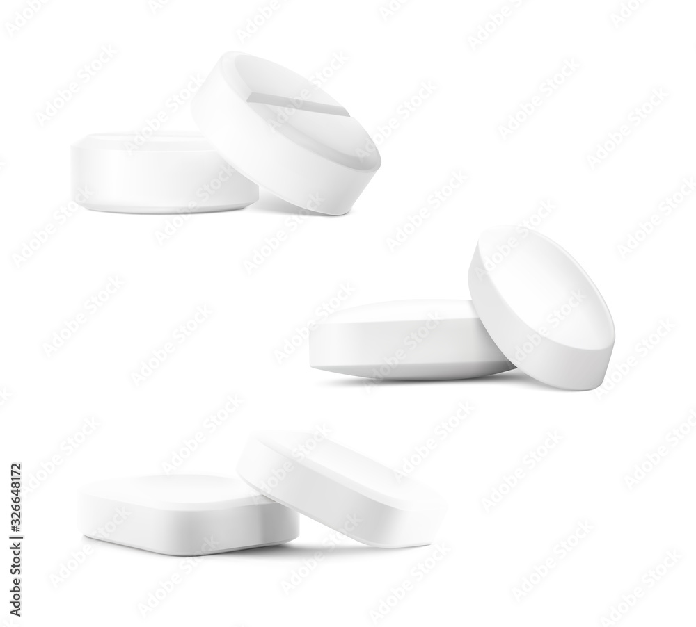 Realistic pills of different shapes isolated on white background ...
