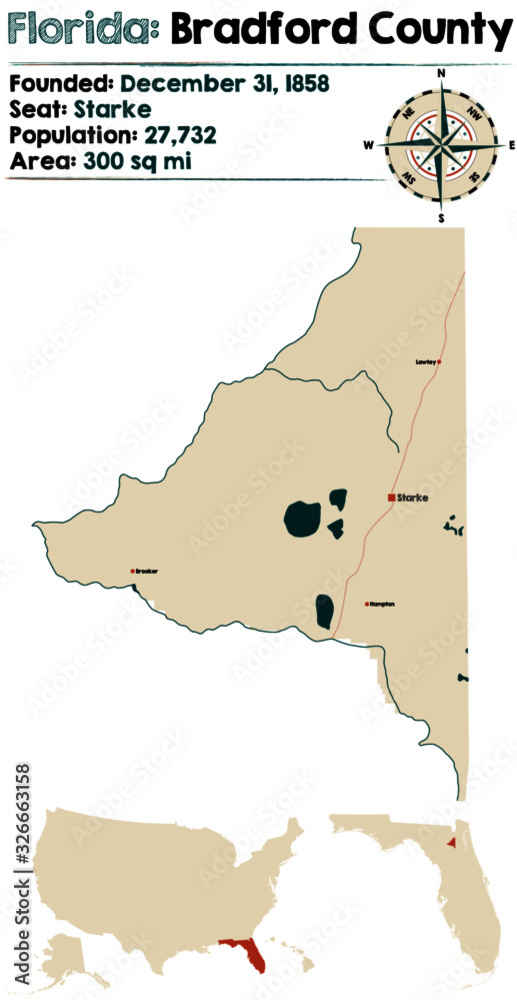 Large and detailed map of Bradford county in Florida, USA. Stock Vector | Adobe Stock