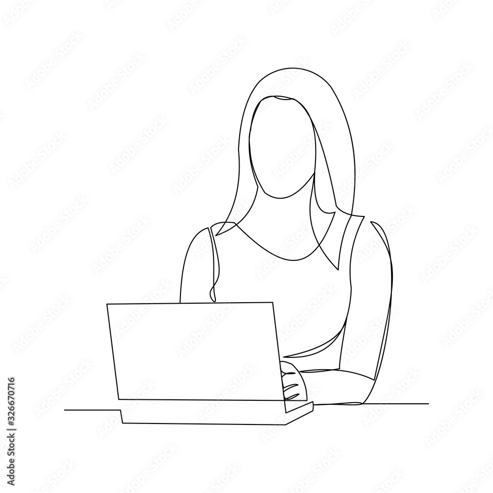 Continuous line drawing of business woman sitting with laptop at office ...