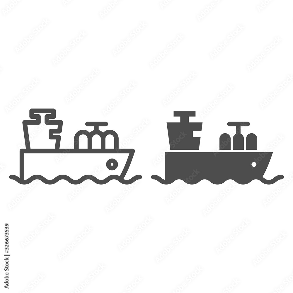 Tanker with oil or gas line and solid icon. Cargo ship, boat ...