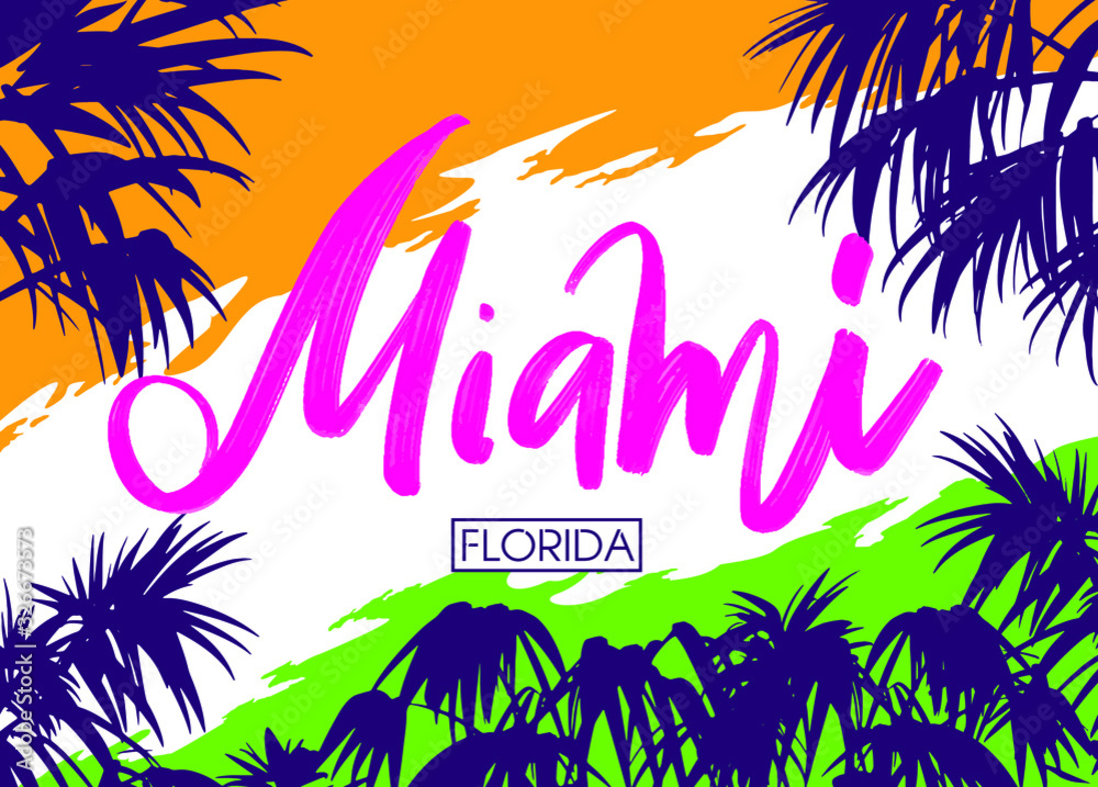 Hand made font Miami on a bright flag background, with branches of palm ...