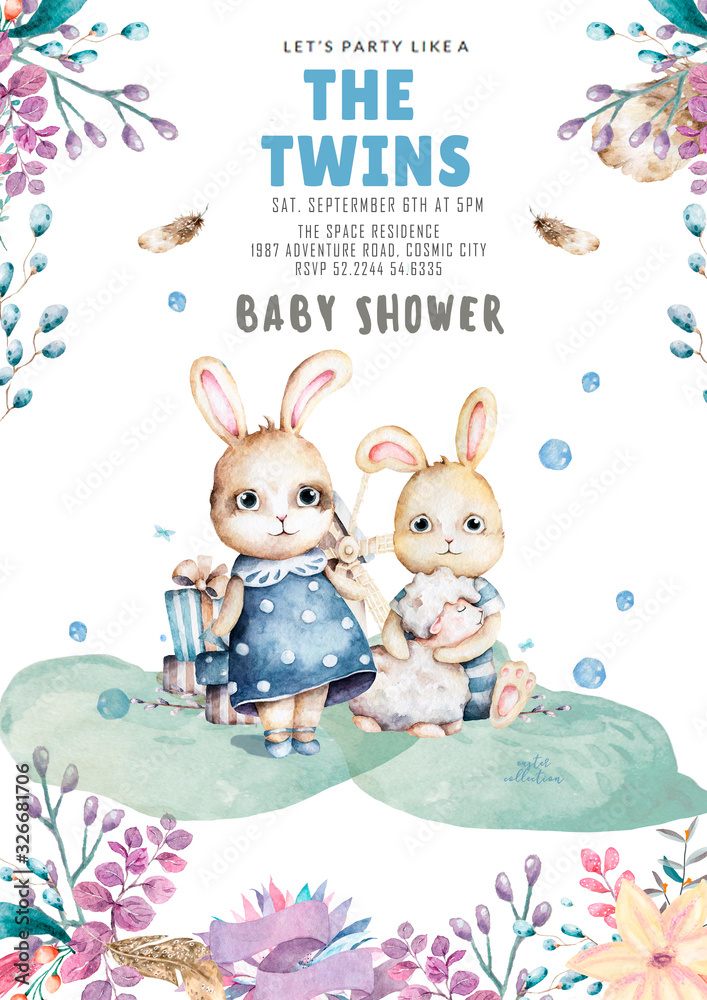 Cute watercolor Twins Bunny birthday greeting cards,posters for baby ...