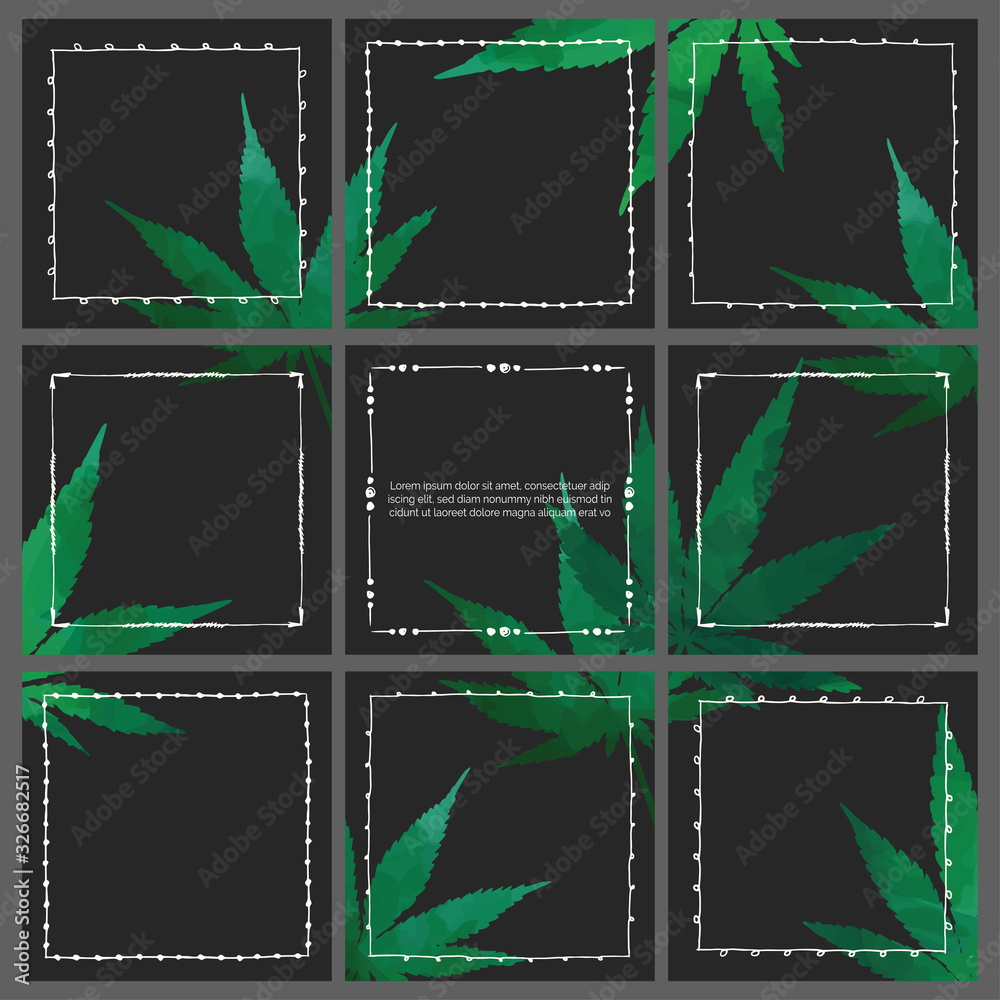 Cannabis poster templates set. Universal design with drawn line frames ...