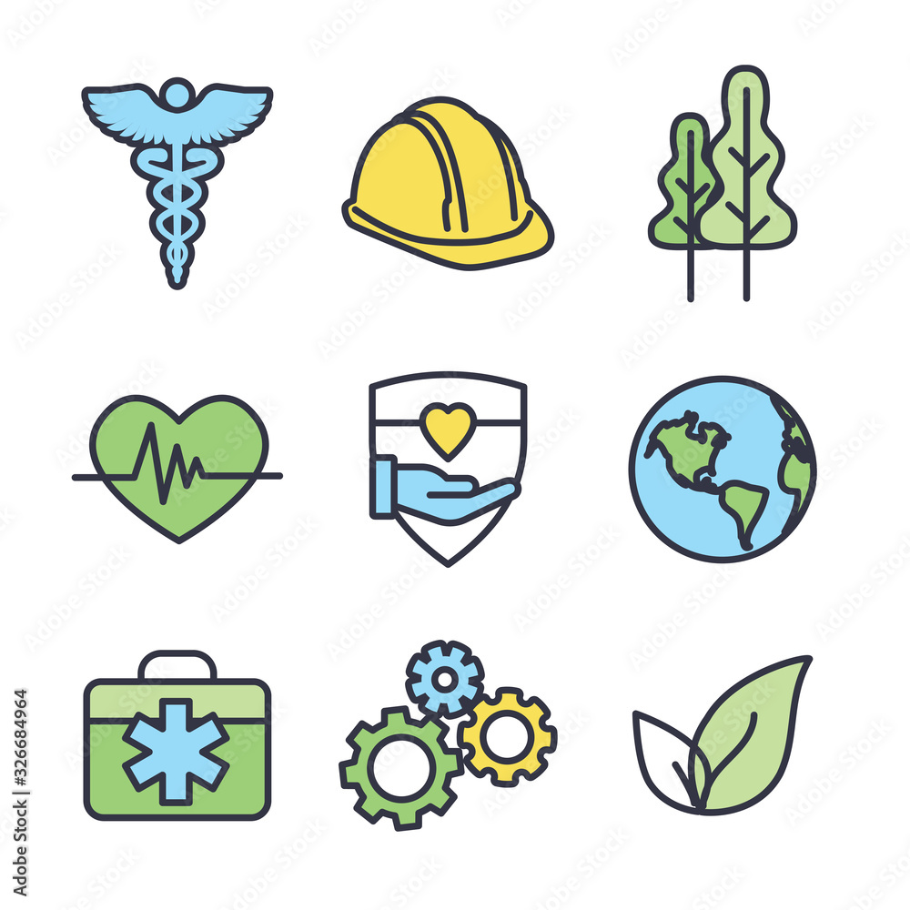 Health Safety and Environment Icon Set with medical, safety, & leaves ...