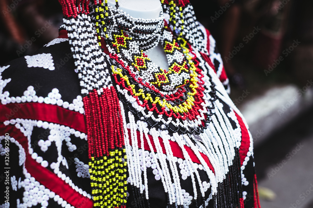 Closeup of the handmade traditional dress of the T'boli women is called ...