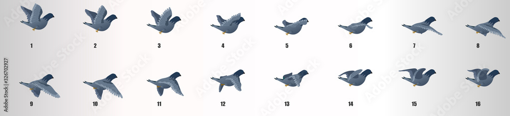 Pigeon flying animation sequence, loop animation sprite sheet vector de ...
