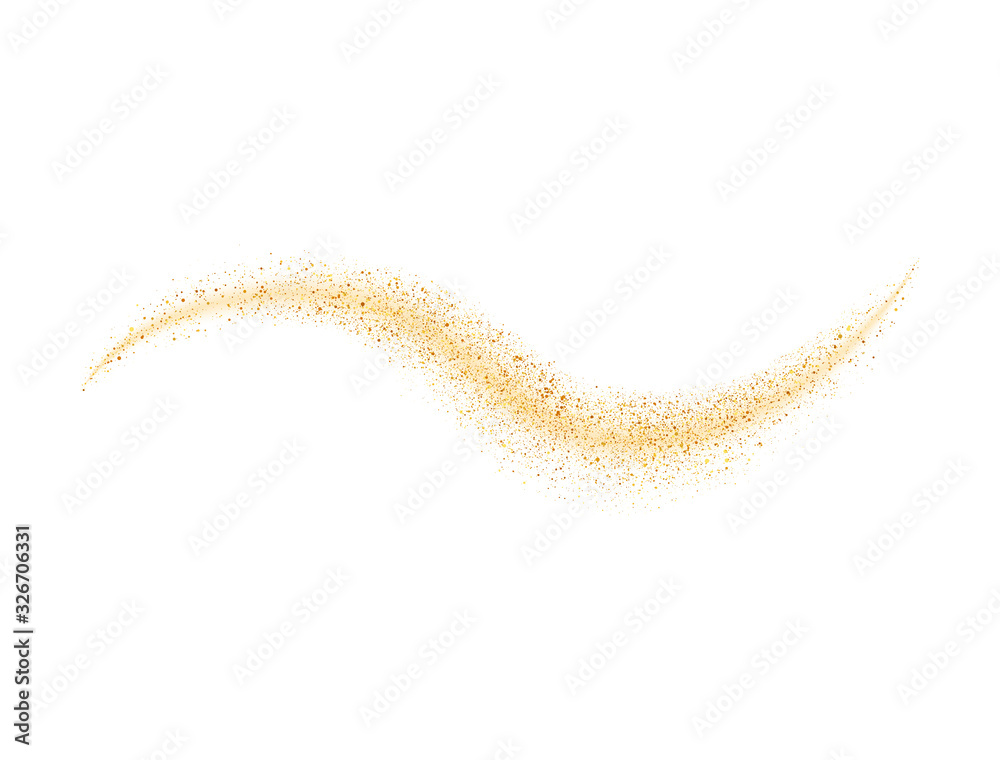 Glitter gold wave on white background. Bright golden stardust trail with sparkling particles ...