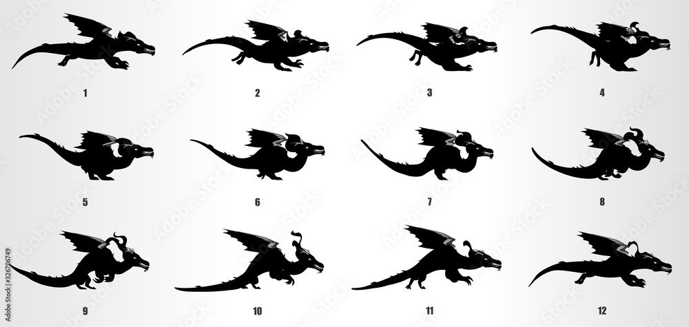 Dragon Run cycle animation frames silhouette, loop animation sequence sprite sheet Stock Vector ...