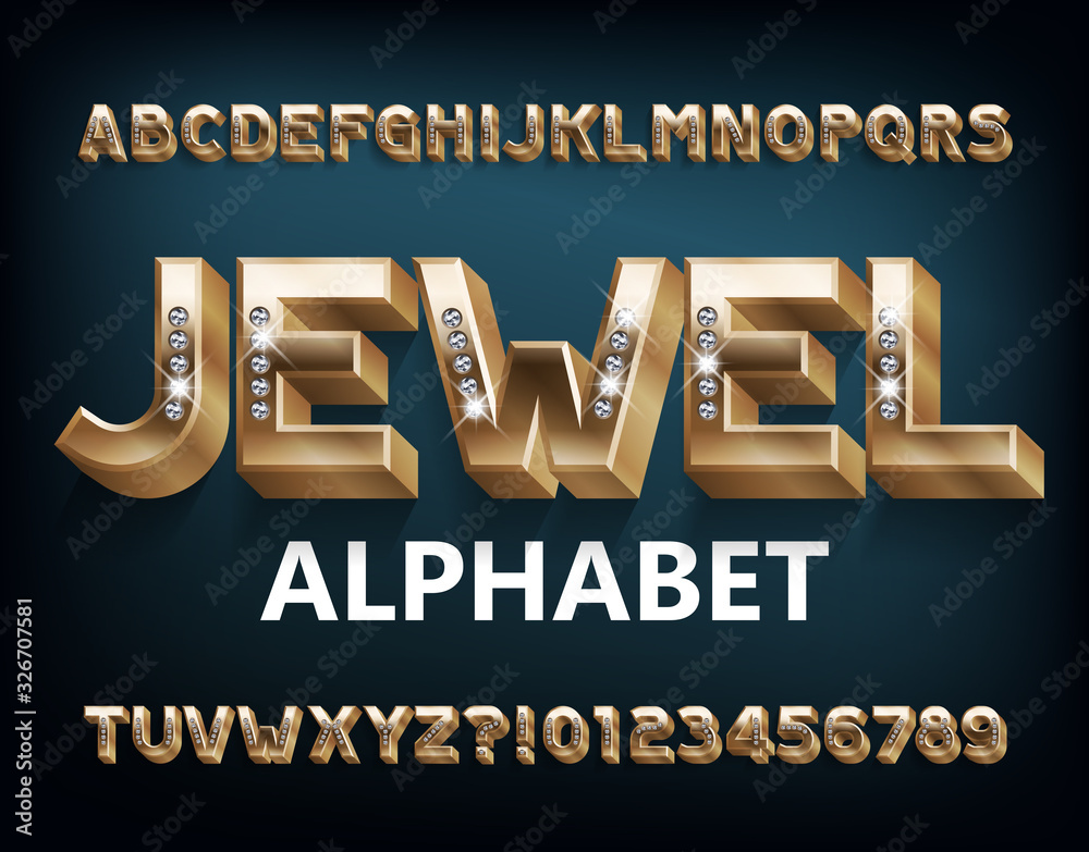Jewel alphabet font. 3d gold metal letters and numbers with diamonds ...