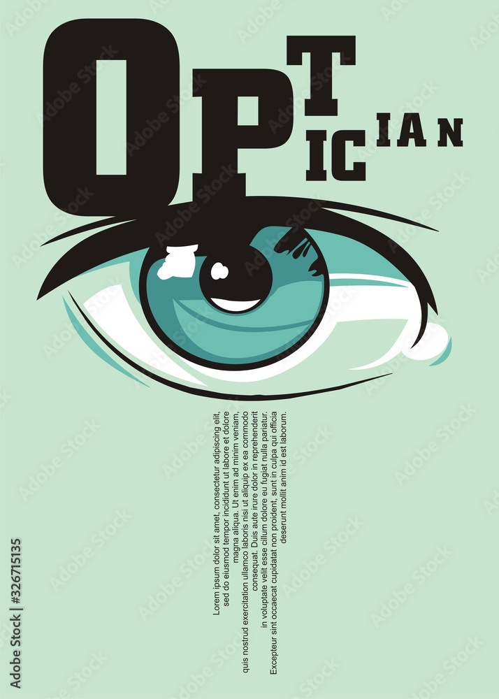 Optician poster design with blue eye and creative typography. Wall ...