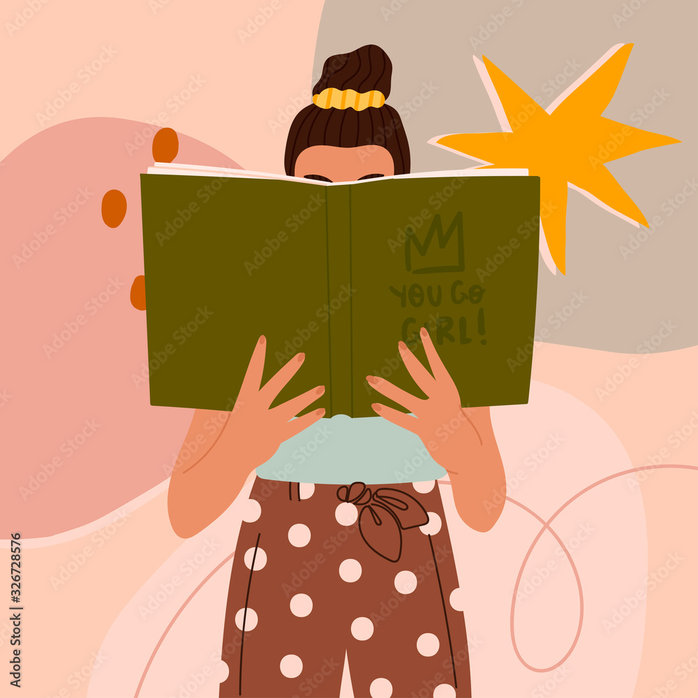 Cute dark haired girl reading a Book while standing. You go girl sign ...
