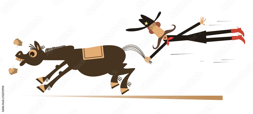 Cartoon rodeo illustration. Man or cowboy catches a running horse by ...