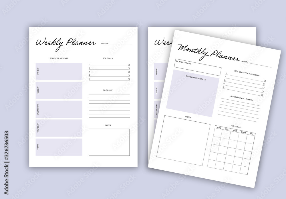 Planner Layout Set with Lilac Purple Accents Stock Template | Adobe Stock