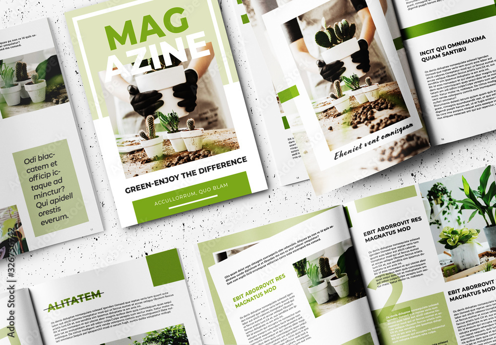 Creative Magazine Layout with Green Accents Stock Template | Adobe Stock