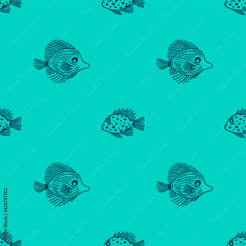 Seamless pattern with fish on mint background. Cute Sea outline pattern ...