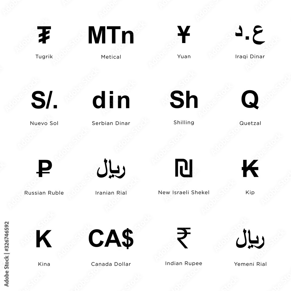 World currency symbol coins set: Tugrik, Yuan, Irani Dinar, Nuevo sol ...