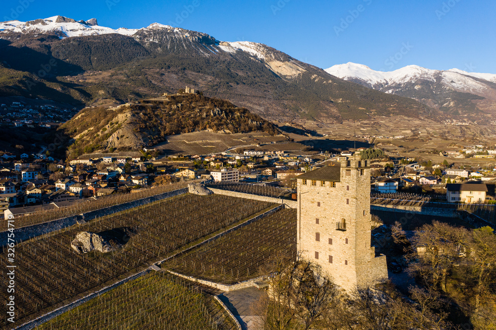 Medieval tower and a vineyard castle on the top of hill near the town ...