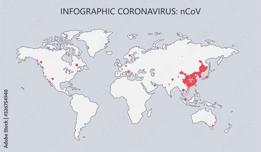 Coronavirus infographic with world map showing the centres of the ...