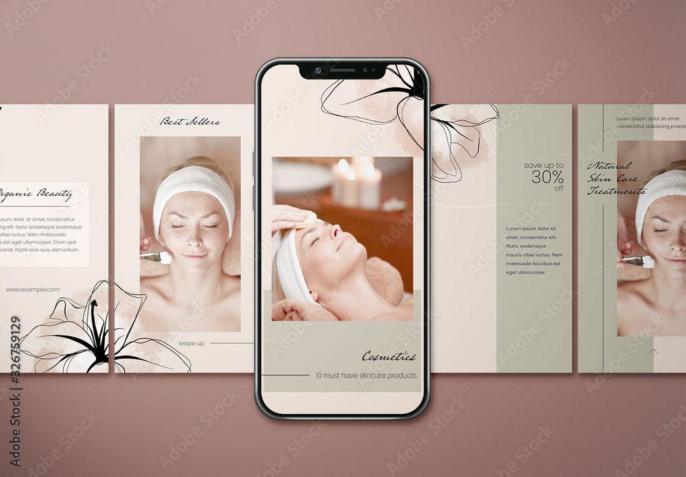 Social Media Stories Layout Set with Hand Drawn Flowers. Editable ...