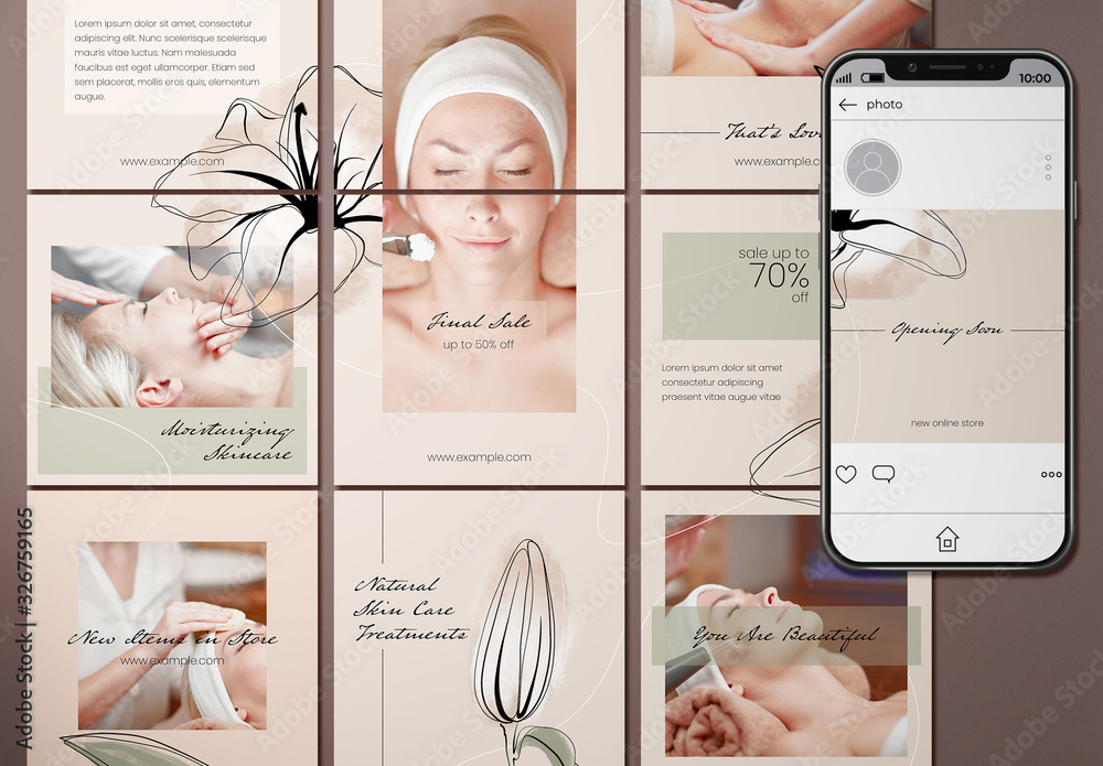 Social Media Post Layout Set with Hand Drawn Flowers Stock Template ...