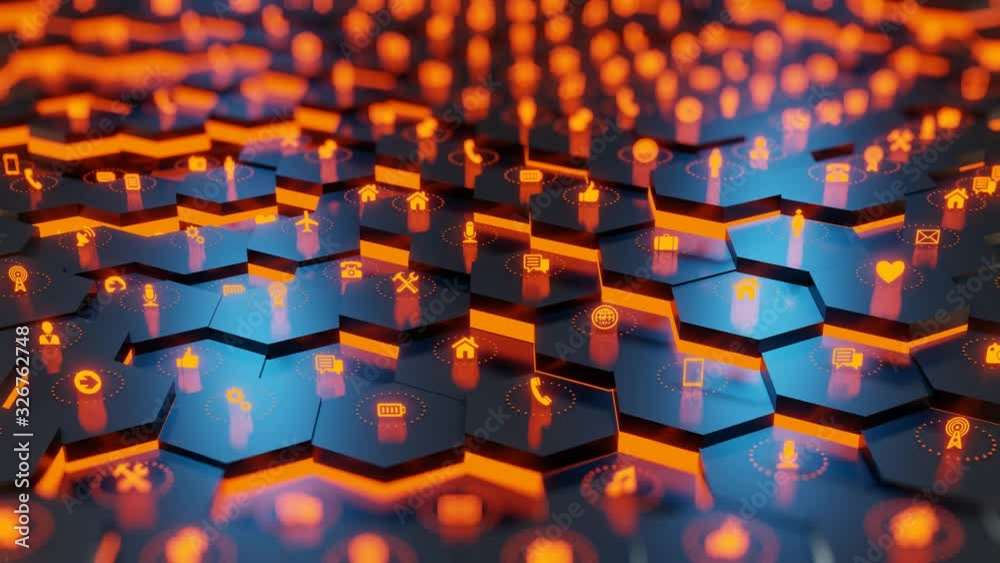 Abstract Of Futuristic Black Surface Honeycom Hexagon Pattern With Orange Light And Social Icons
