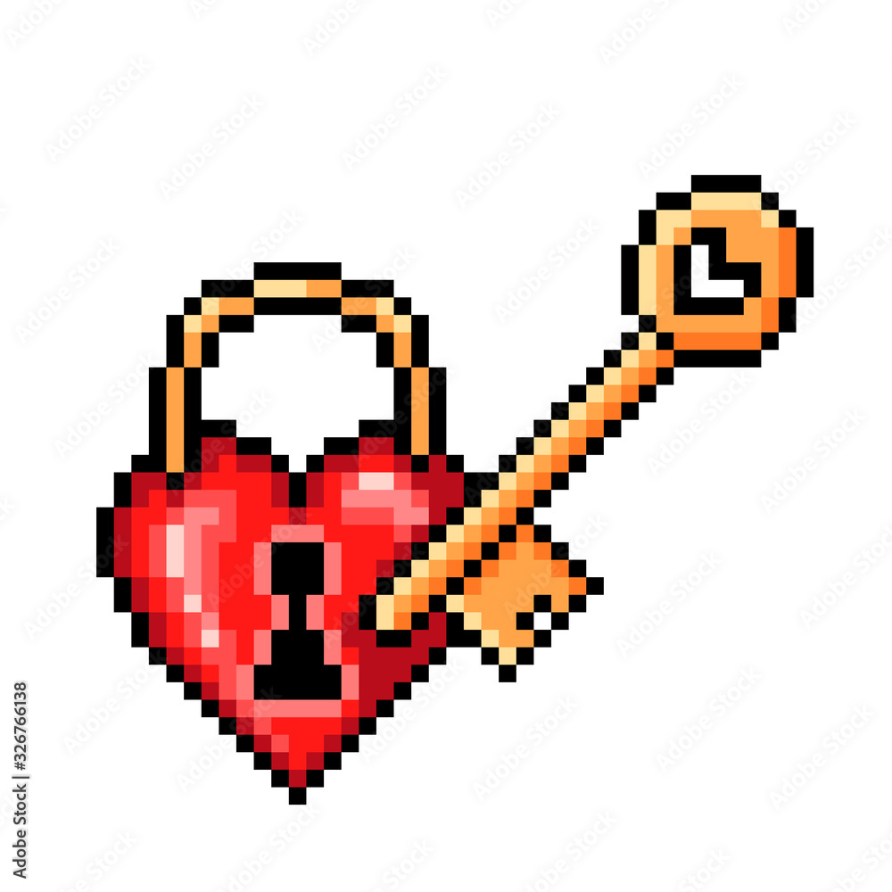 Red glossy heart-shaped lock with a golden key, pixel art icon isolated ...