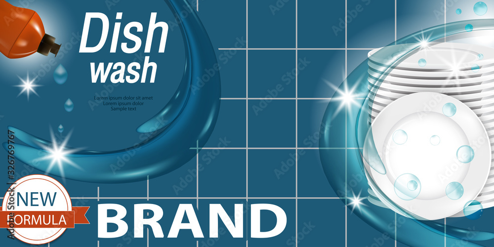 Dishwashing liquid products. Blue package design realistic with plates ...