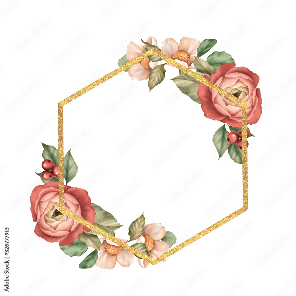 Gold frame with flowers and leaves isolated on white Stock Illustration ...