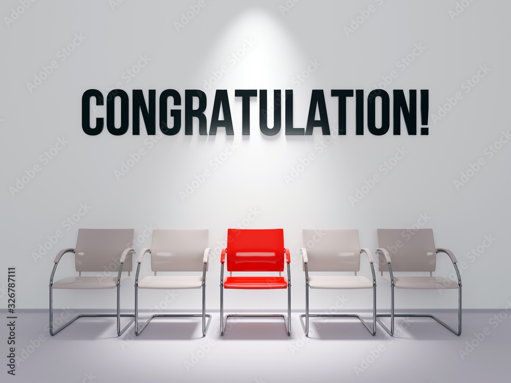 Congratulation! Text words message on meeting office wall 3D render ...