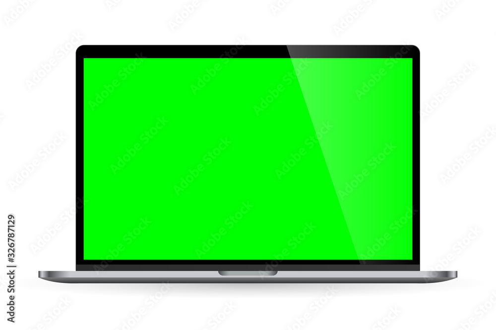 Realistic laptop computer monitor with green screen. Illustration ...