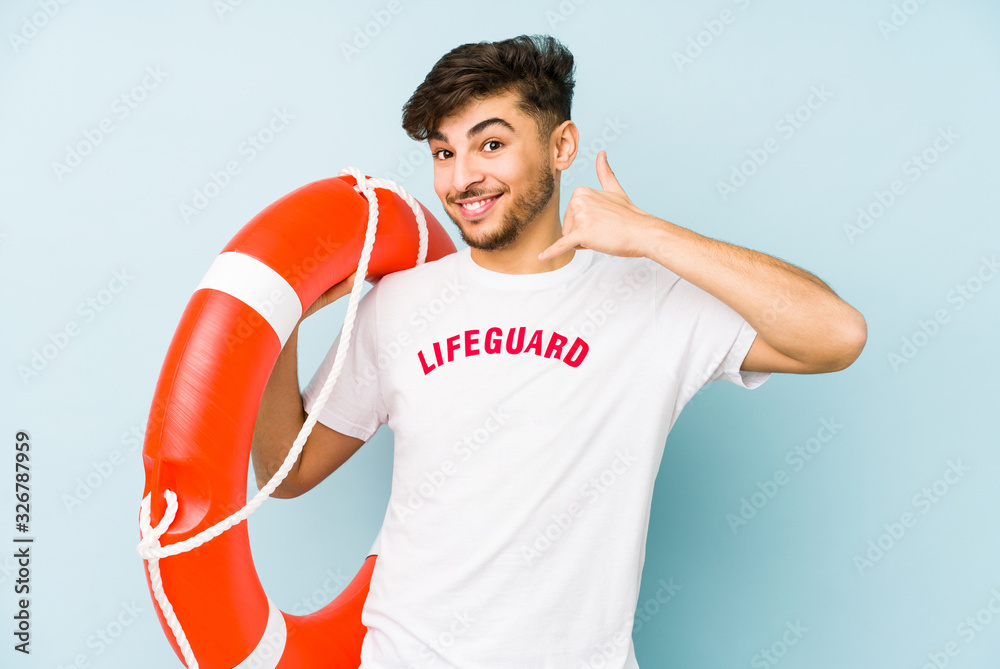 Young arabian lifeguard man isolated showing a mobile phone call ...