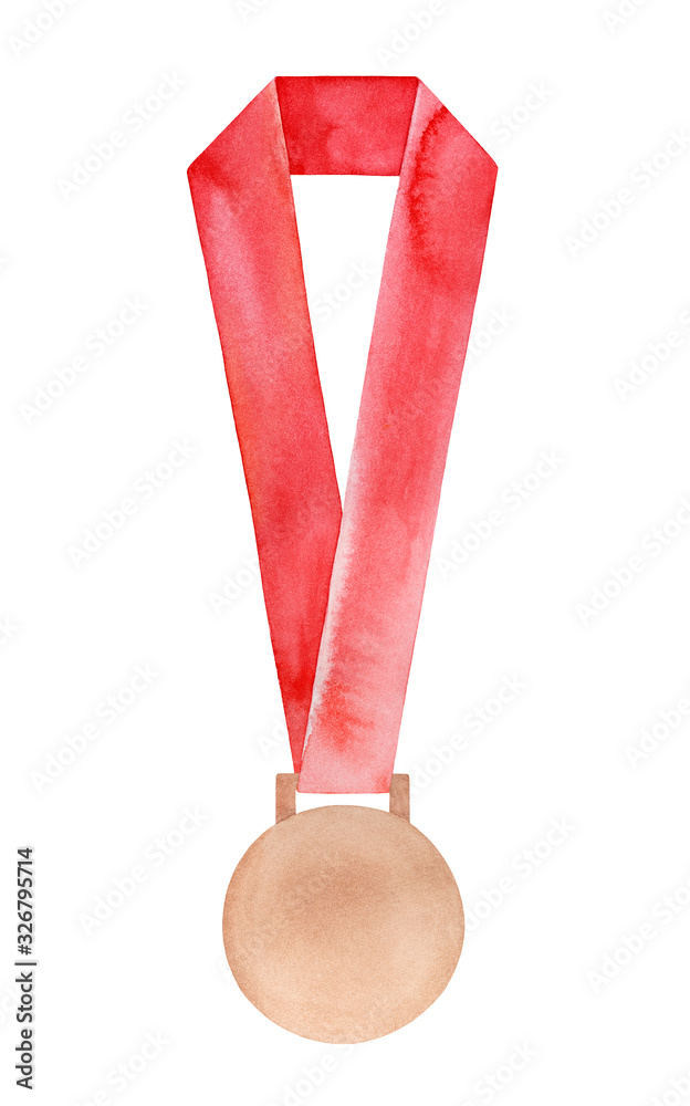 Water color illustration of round bronze medal with beautiful red ...
