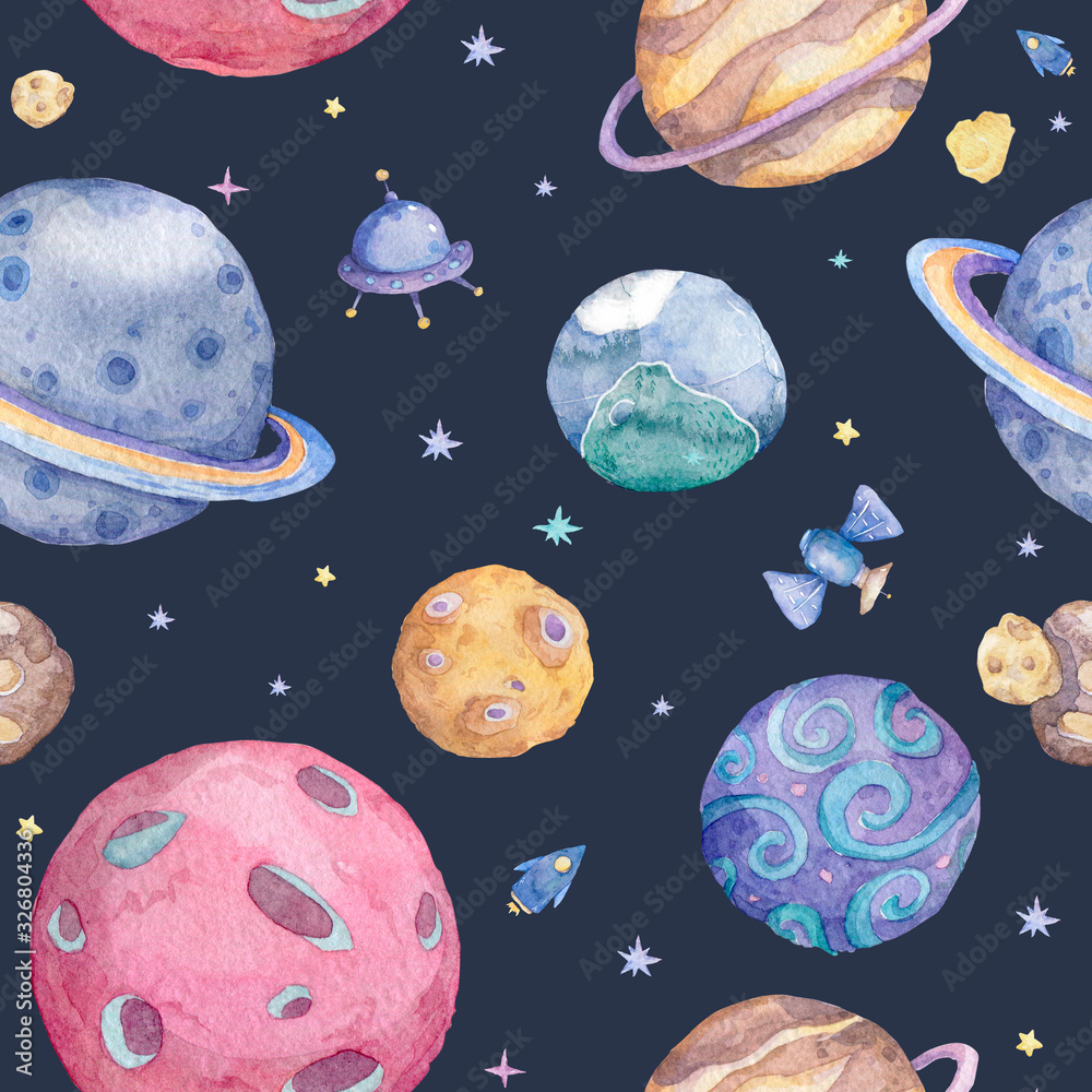 Set of Solar system planets hand drawn illustration. Seamless space ...
