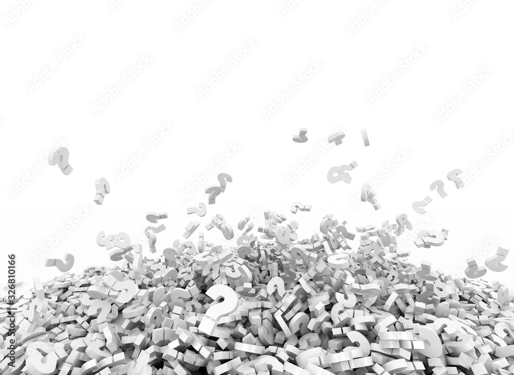 Falling white question mark symbols in a big pile. Isolated on white ...