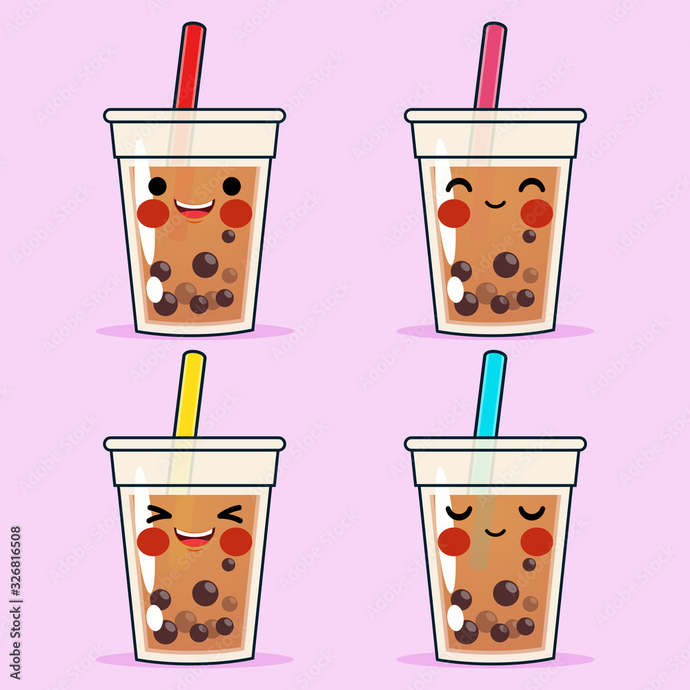 Cartoon Cute Bubble Tea Or Pearl Tea Emoticon Avatar Face Positive ...
