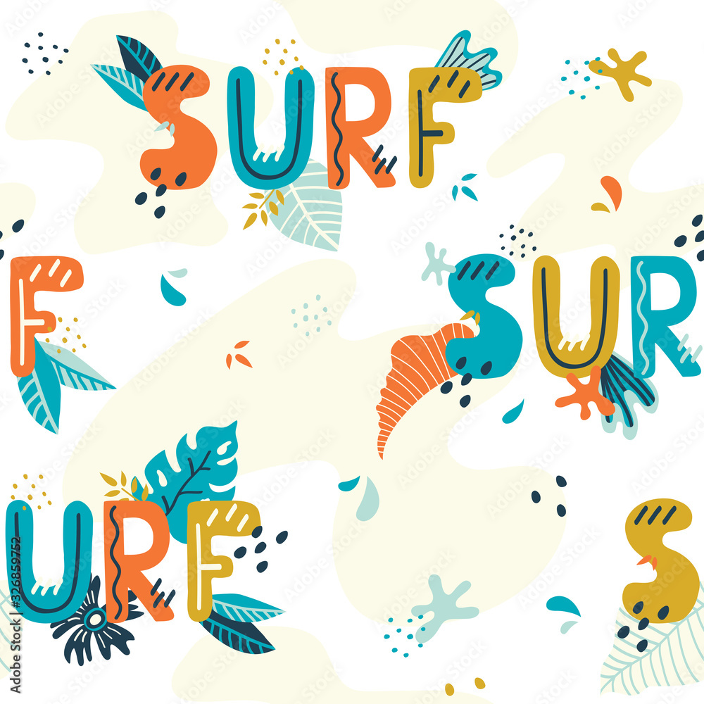 Surf hand drawn vector lettering. Doodle floral background and hand ...