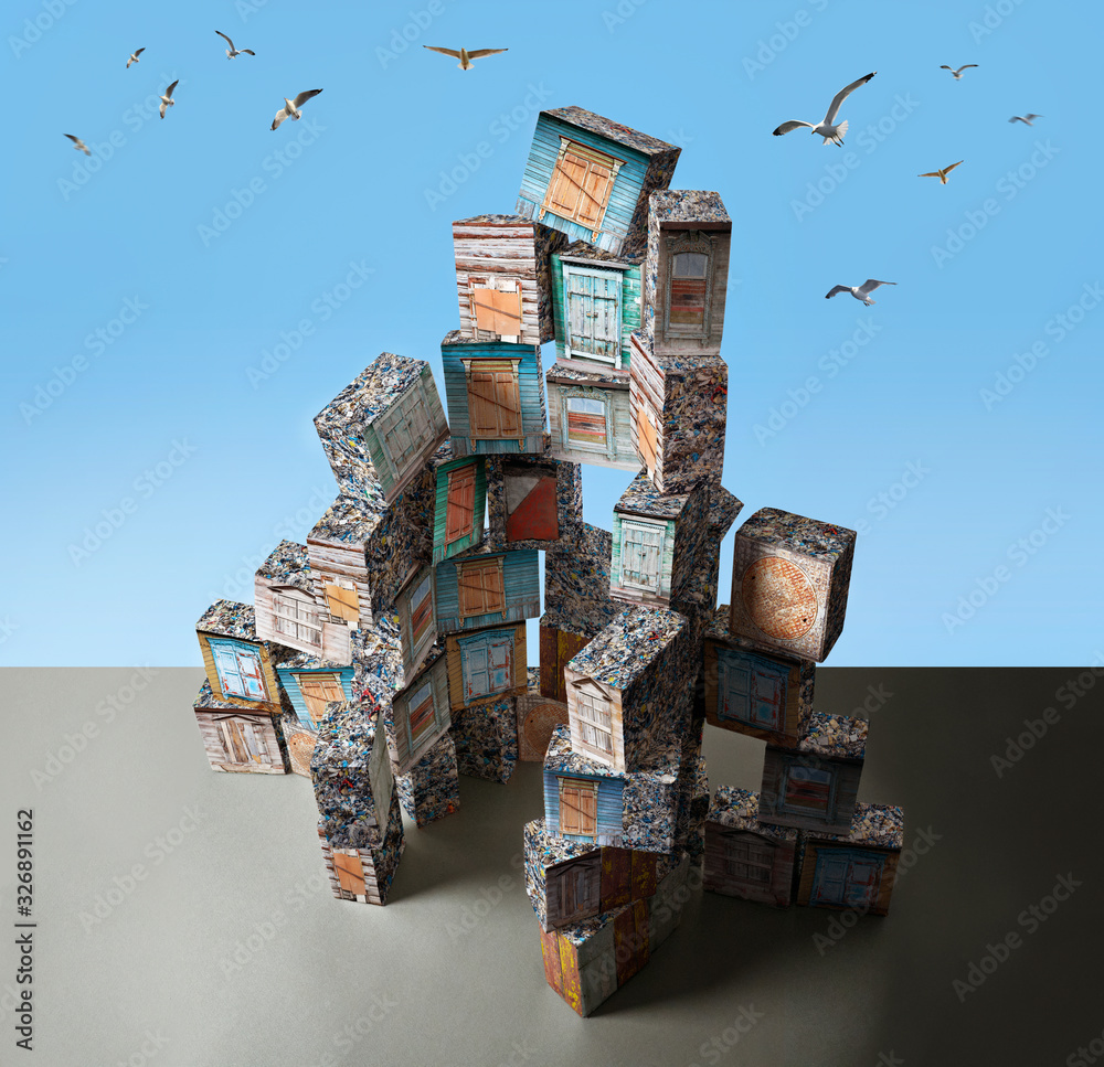 High-rise house made of garbage. Ecology Stock Photo | Adobe Stock