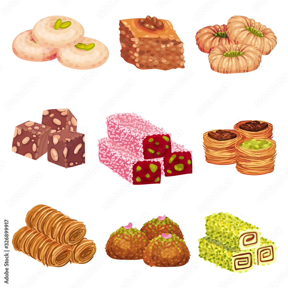 Arabic Sweets with Famous Baklava and Rahat Lakoum Vector Set Stock ...