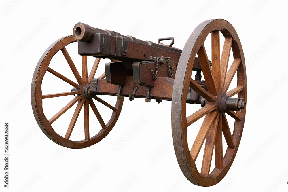 Old vintage gunpowder cannon on wooden carriage with large wheels ...
