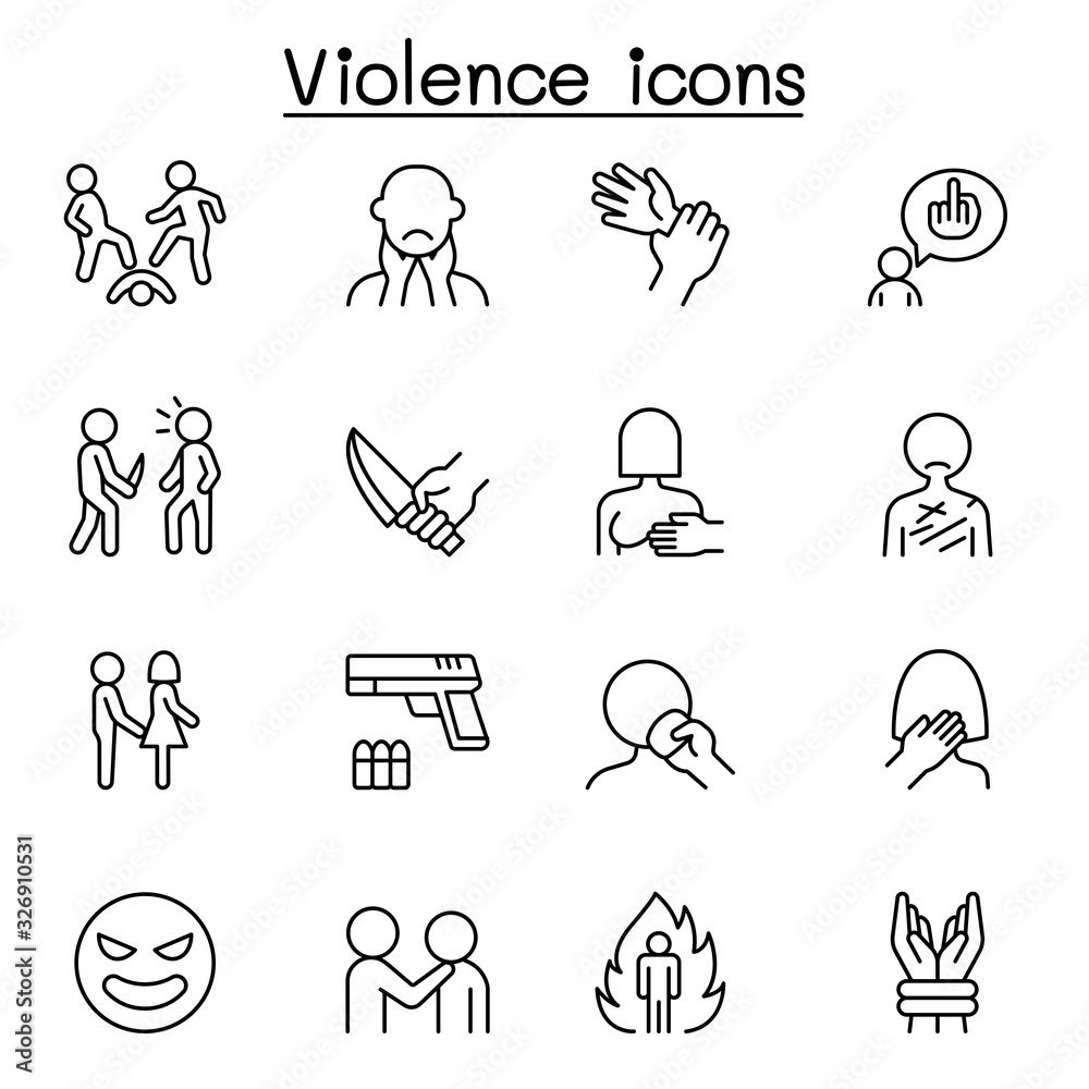 Violence, human trafficking, abuse, sexual harassment icon set in thin ... Violence, human trafficking, abuse, sexual harassment icon set in thin ...