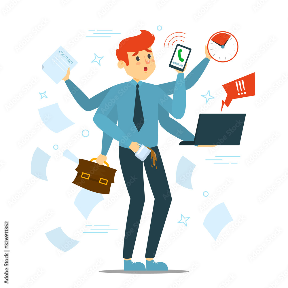 Busy man trying to do many things at once vector Stock Vector | Adobe Stock