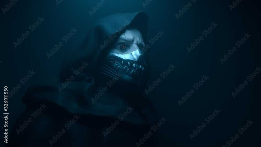 3D digital illustration of cyborg head in futuristic scary mask with ...